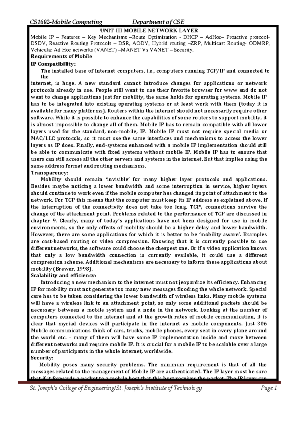 Unit 3 Lecture Notes Unit Iii Mobile Network Layer Mobile Ip