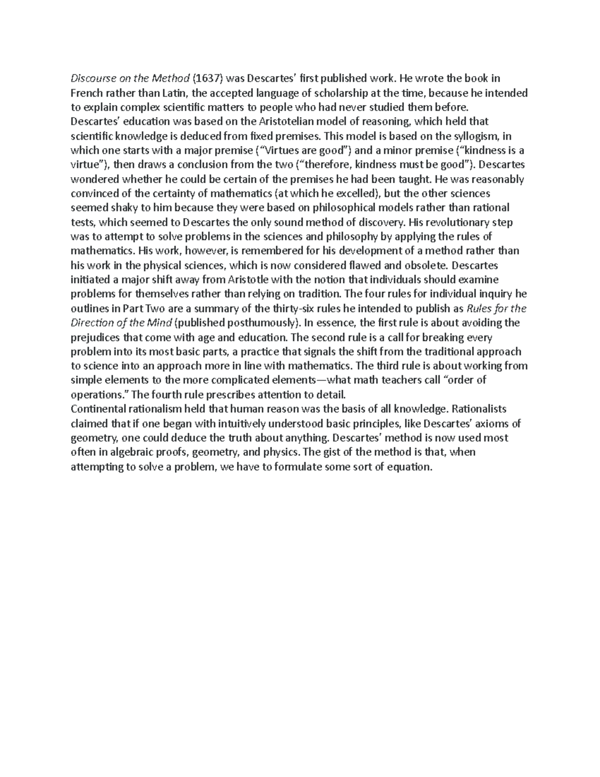 Philosophy 255 - Lecture Notes - Discourse on the Method (1637) was ...