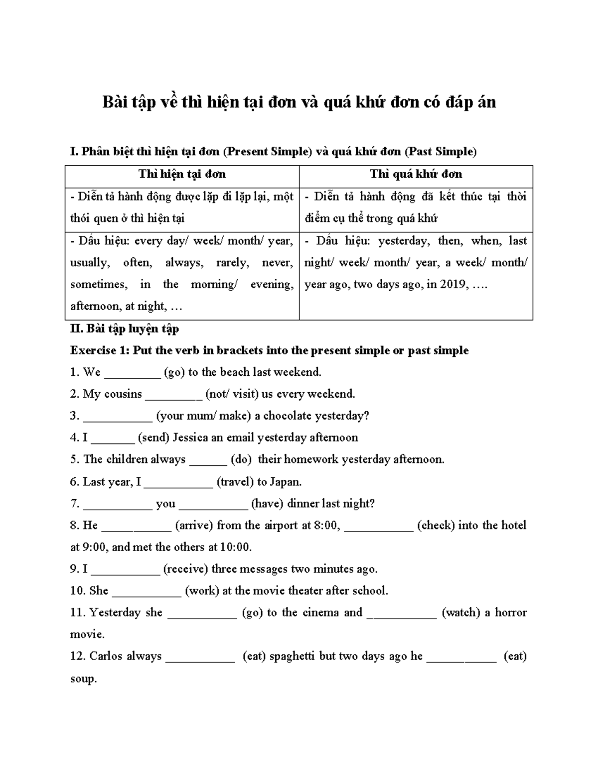 Bai tap ve thi hien tai don va qua khu don co dap an2 - Bài tập về thì hiện tại đơn và quá khứ ...