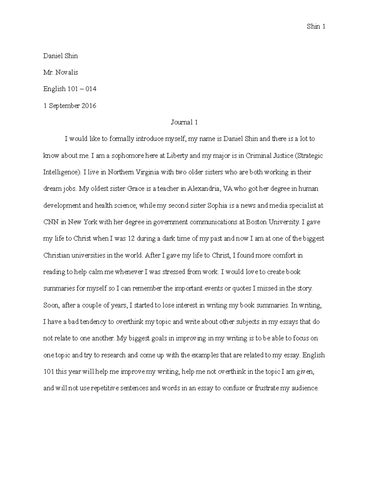 Journal 1 English 101 - Shin 1 Daniel Shin Mr. Novalis English 101 ...