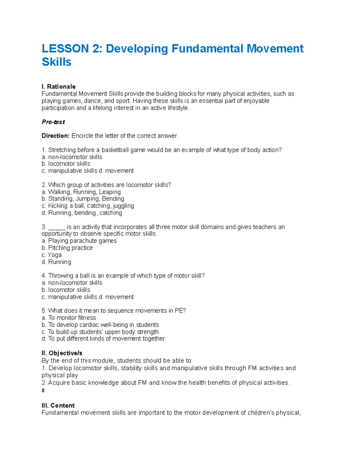 Lesson 2 - please read - LESSON 2: Developing Fundamental Movement ...