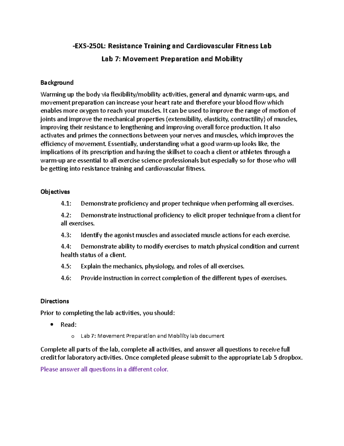 EXS-250L - Lab 7 - Movement Preparation and Mobility -EXS-250L ...