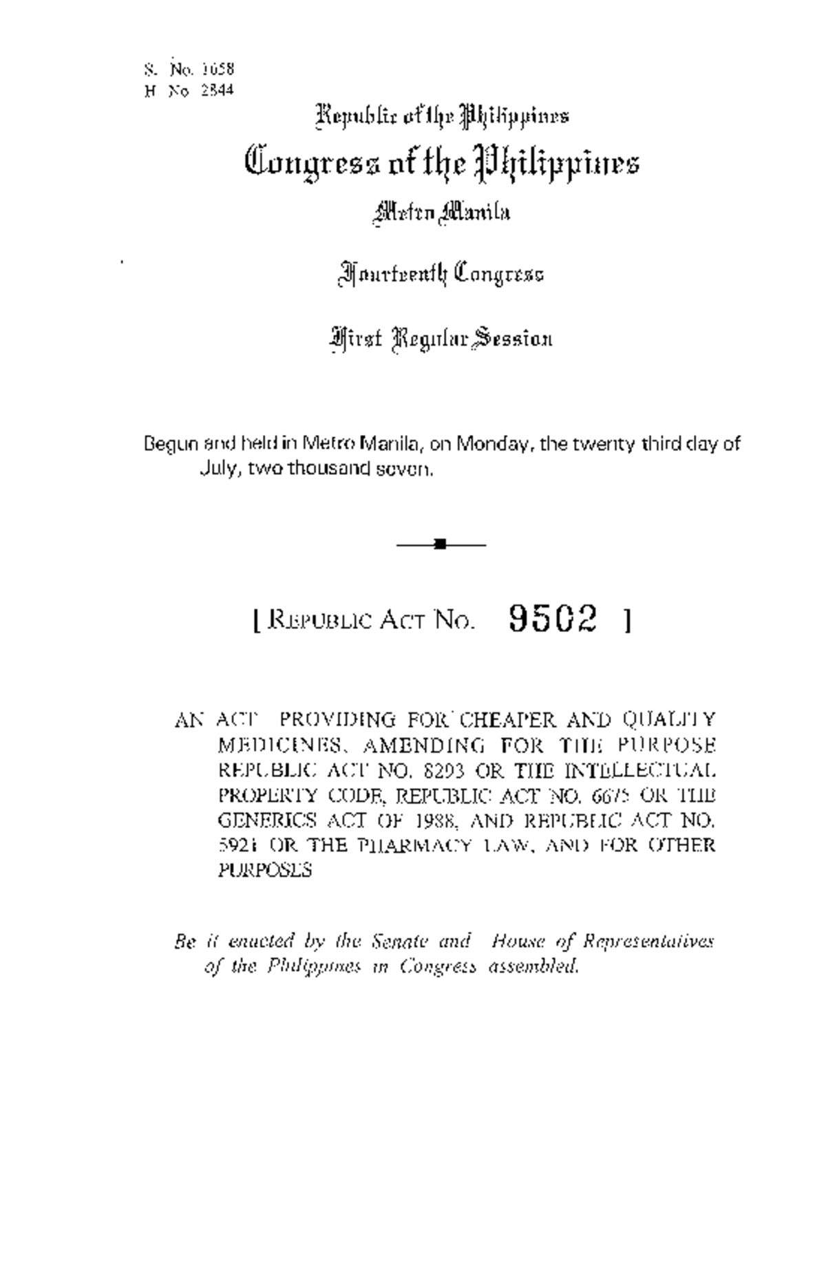 RA 9502 - no author - Begun and held in Metro Manila, on Monday, the ...