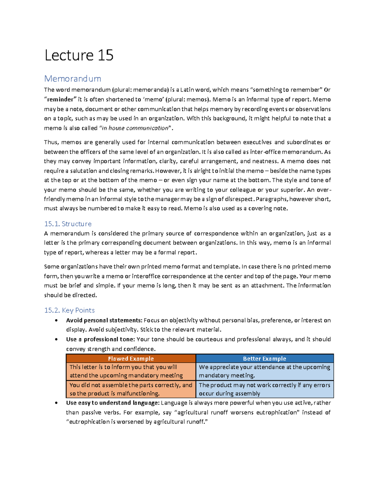 HUM102 Handouts Lecture 15 - Lecture 15 Memorandum The word memorandum ...