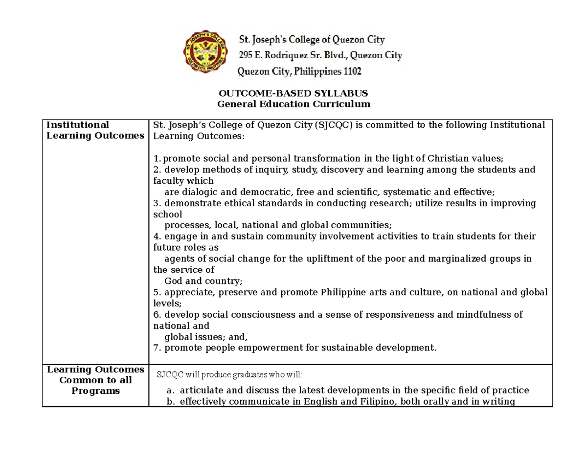 Art Apprectiaon OBE Syllabus - OUTCOME-BASED SYLLABUS General Education ...