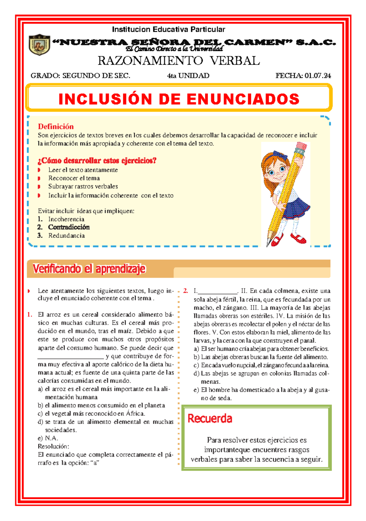 4ta Unidad Inclusión-de-Enunciados 01 - INCLUSIÓN DE ENUNCIADOS Institucion Educativa Particular ...