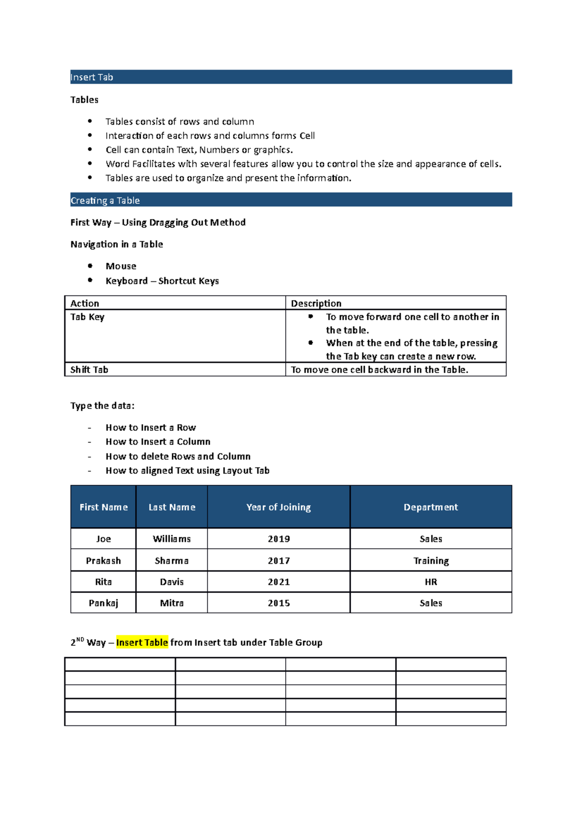 Insert Tab - Notes based on Computer Awareness - Insert Tab Tables ...