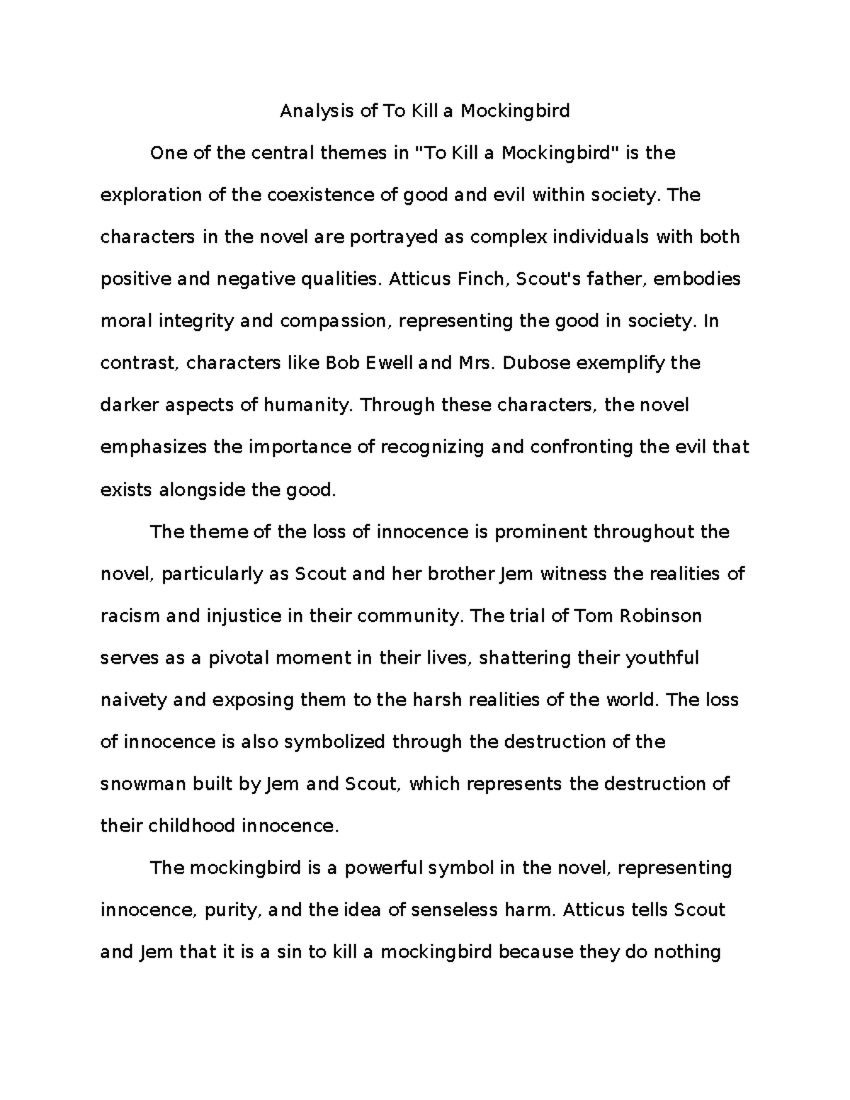 Analysis of To Kill a Mockingbird - The characters in the novel are ...