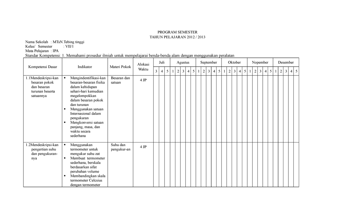 Prosem Kelas VII - 1 - PROGRAM SEMESTER TAHUN PELAJARAN 2012 / 2013 ...