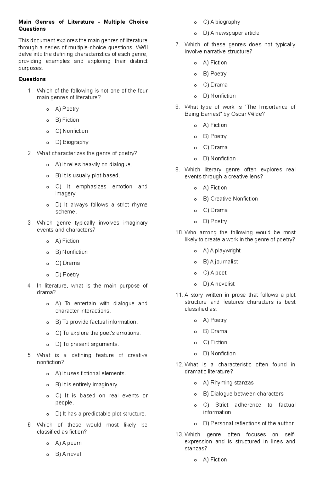 TQ PRE- Final Teaching & Assessment - Main Genres of Literature ...