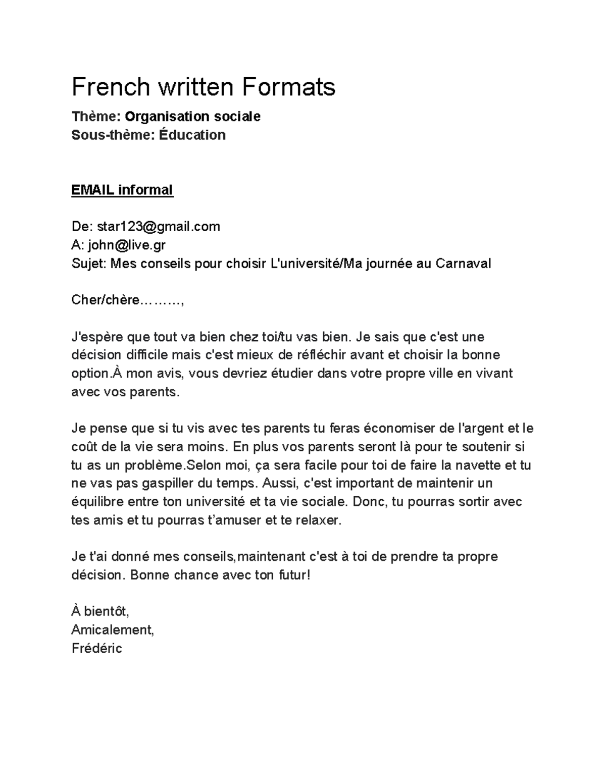 French Written Formats examples - French written Formats Thème ...