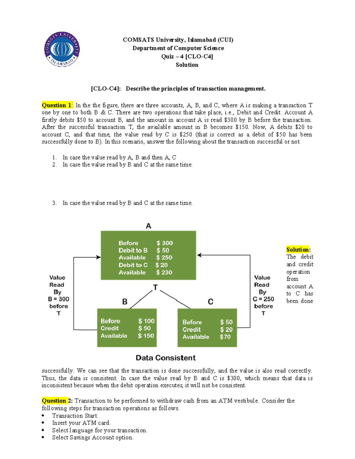 Quiz 4 - Solution - COMSATS University, Islamabad (CUI) Department of Computer Science Quiz – 4 ...