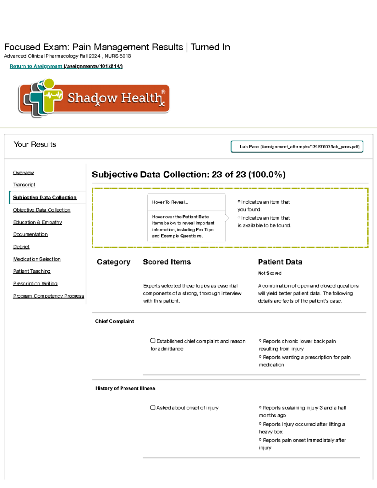 Tanner Bailey Subjective Data - Focused Exam: Pain Management Results ...