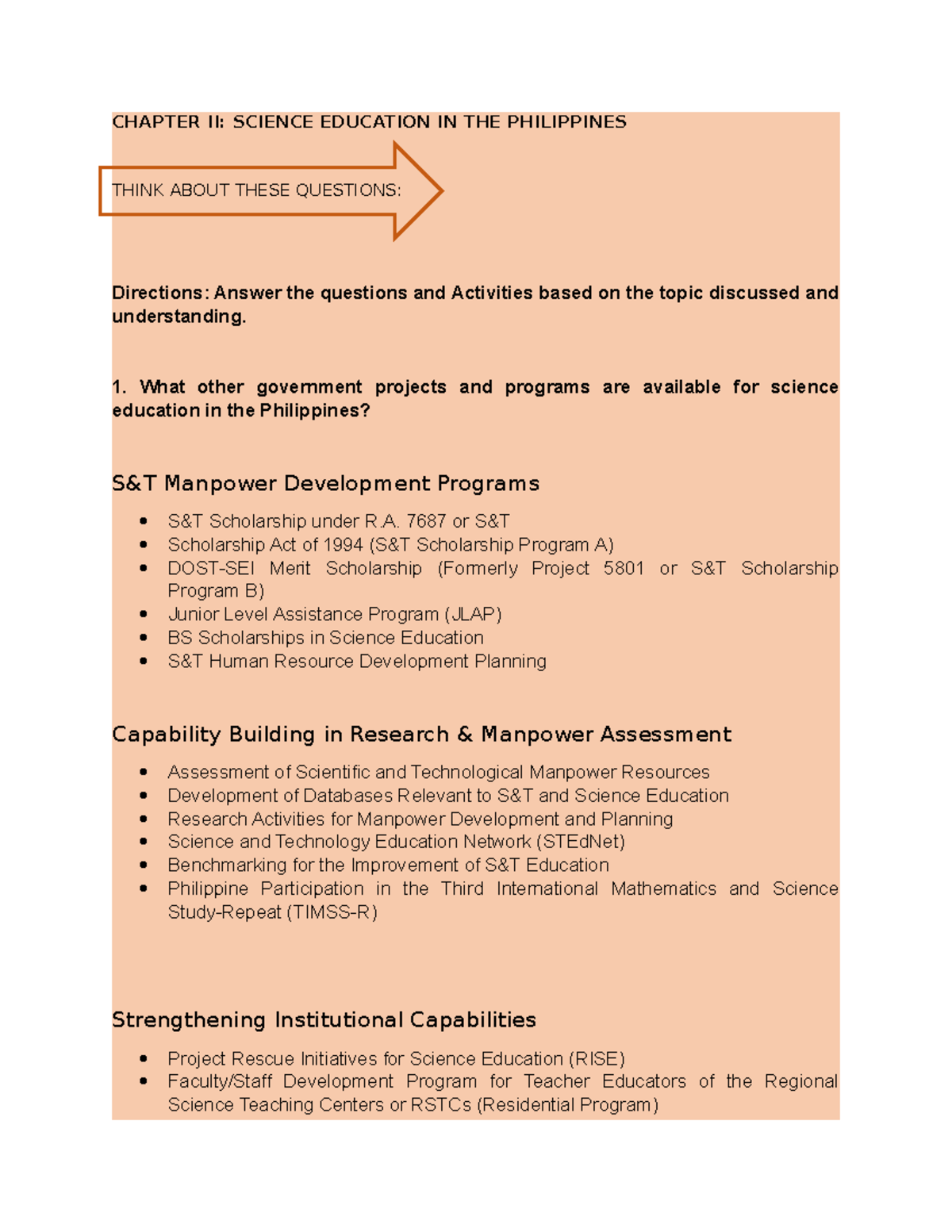 STS Activity 2 - CHAPTER 2_STS01 - CHAPTER II: SCIENCE EDUCATION IN THE PHILIPPINES THINK ABOUT ...