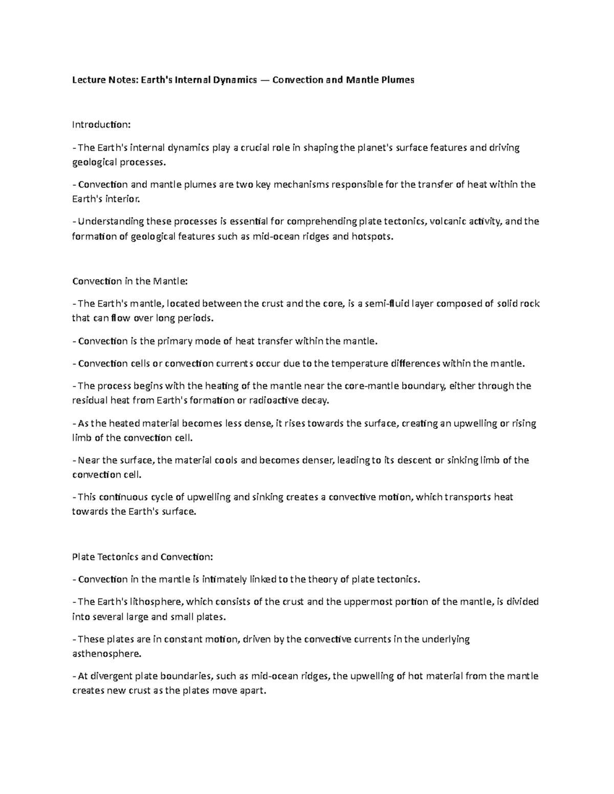 Lecture Notes: Earth's Internal Dynamics — Convection and Mantle Plumes ...
