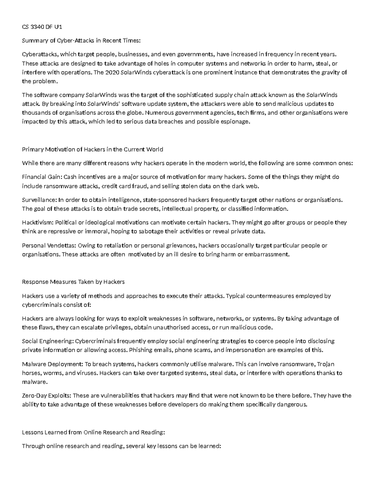Cs 3340 Df U1 This Material Is Good Use It Wisely Cs 3340 Df U Summary Of Cyber Attacks In