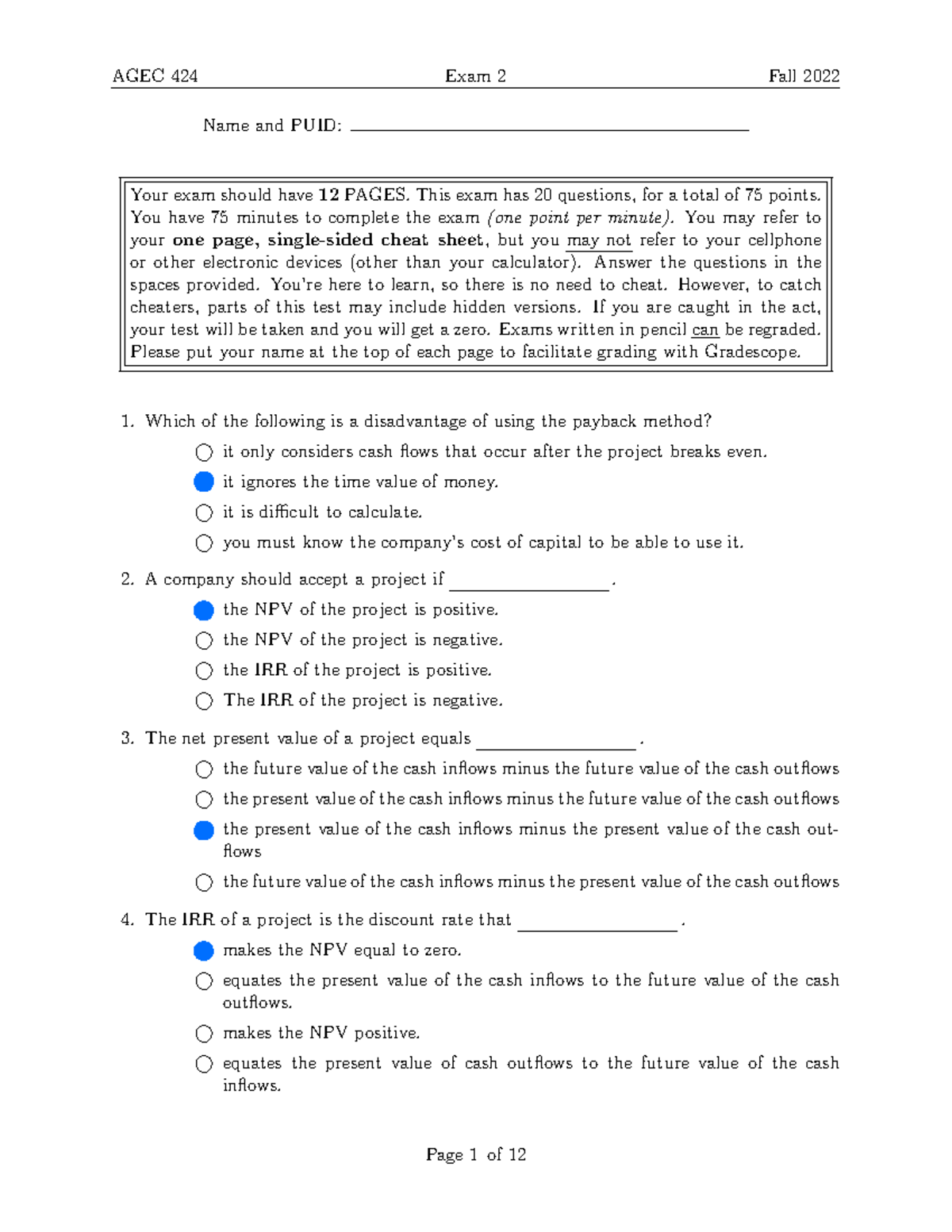 AGEC 424 Exam 2 - Name and PUID: Your exam should have 12 PAGES. This ...