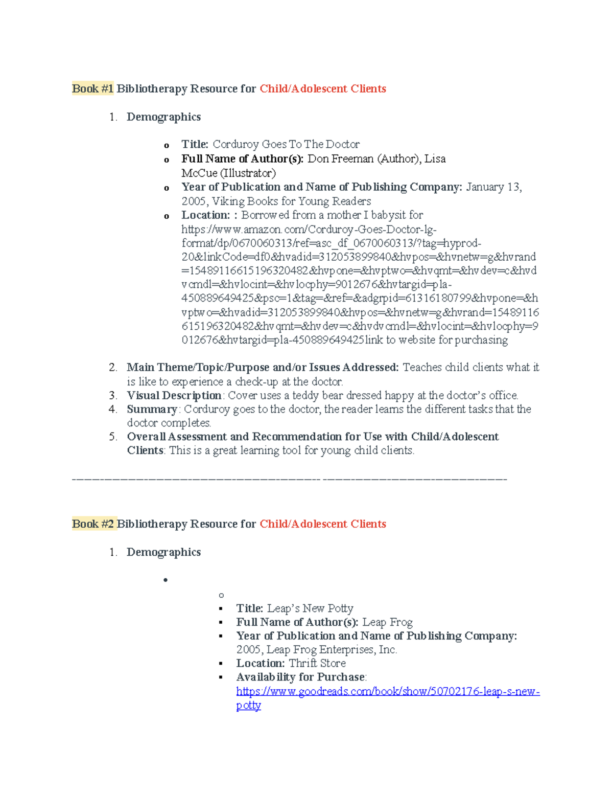 SW 361 Bibliotherapy Resources for Child Adolescent Clients - Book #1 ...