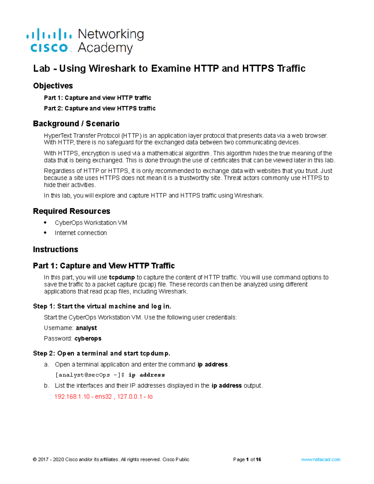 10.6.7 Lab - Using Wireshark to Examine HTTP and Https Traffic - Objectives Part 1: Capture and ...