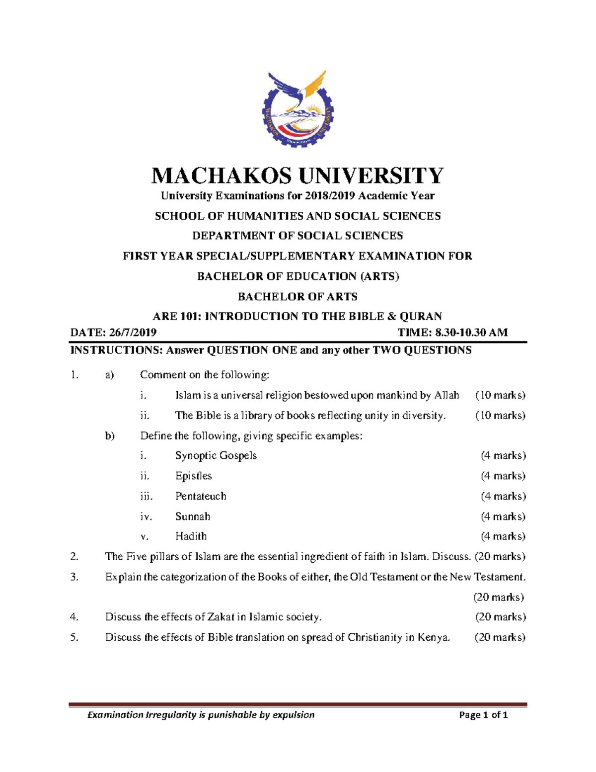 ARE 101 exam - exam - Examination Irregularity is punishable by ...