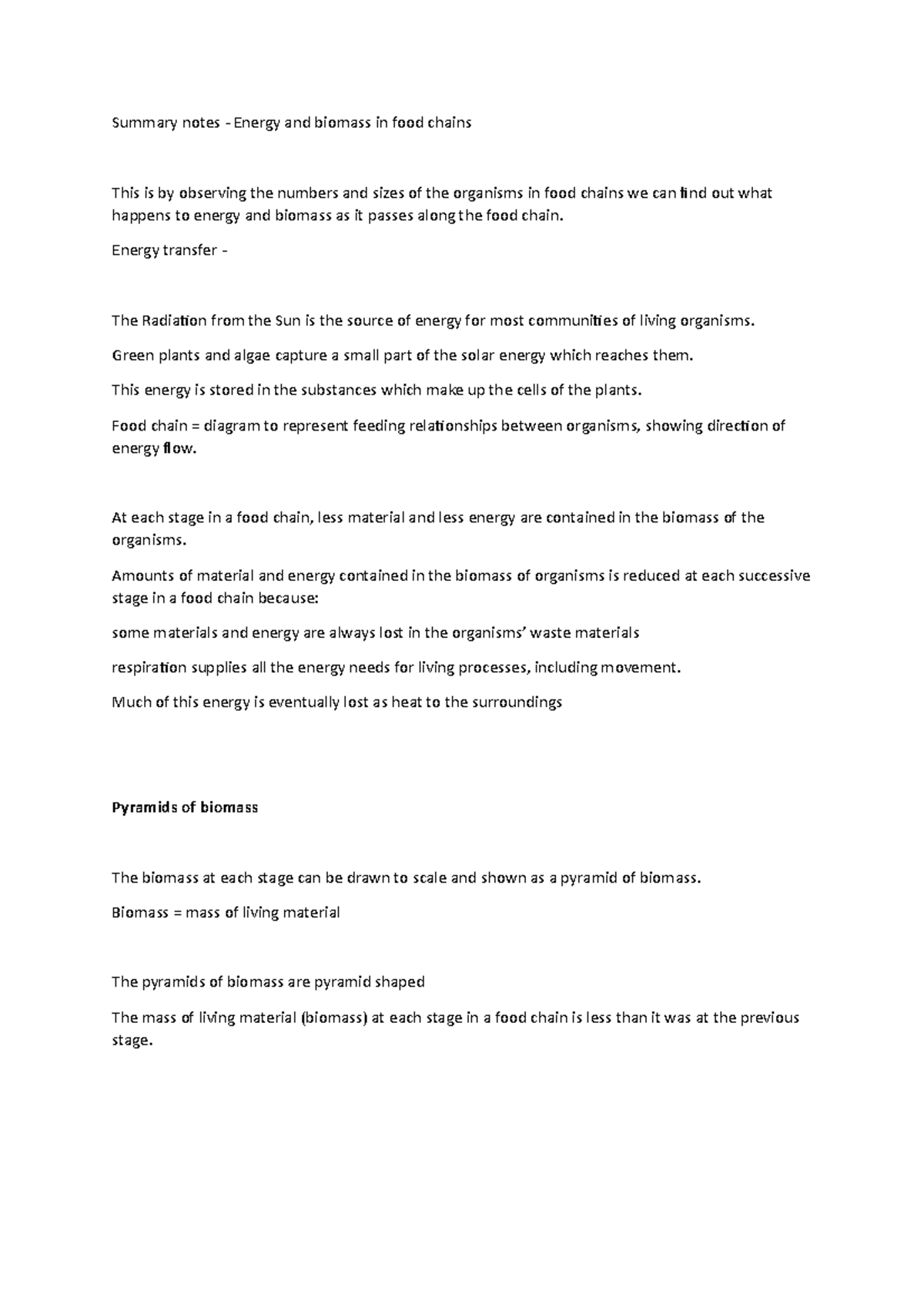 Summary notes - Energy and biomass in food chains - Energy transfer ...