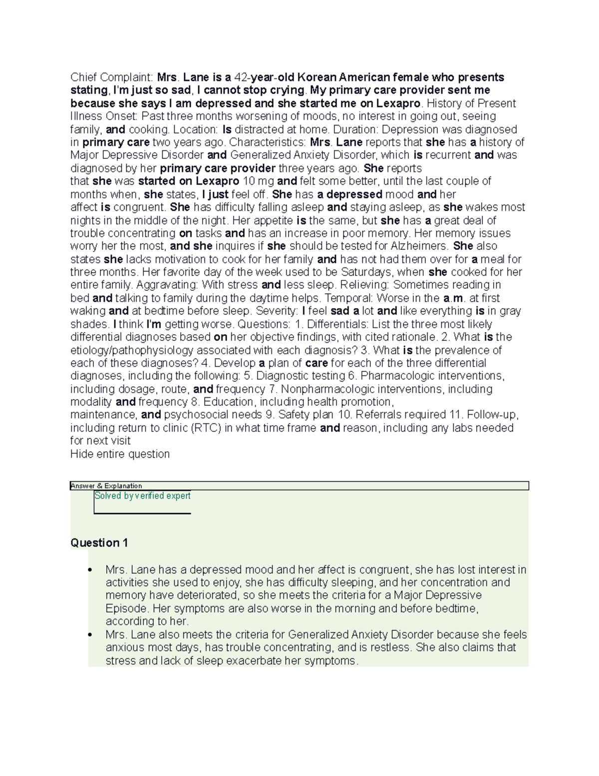 Depression Case Study - Chief Complaint: Mrs. Lane is a 42-year-old ...