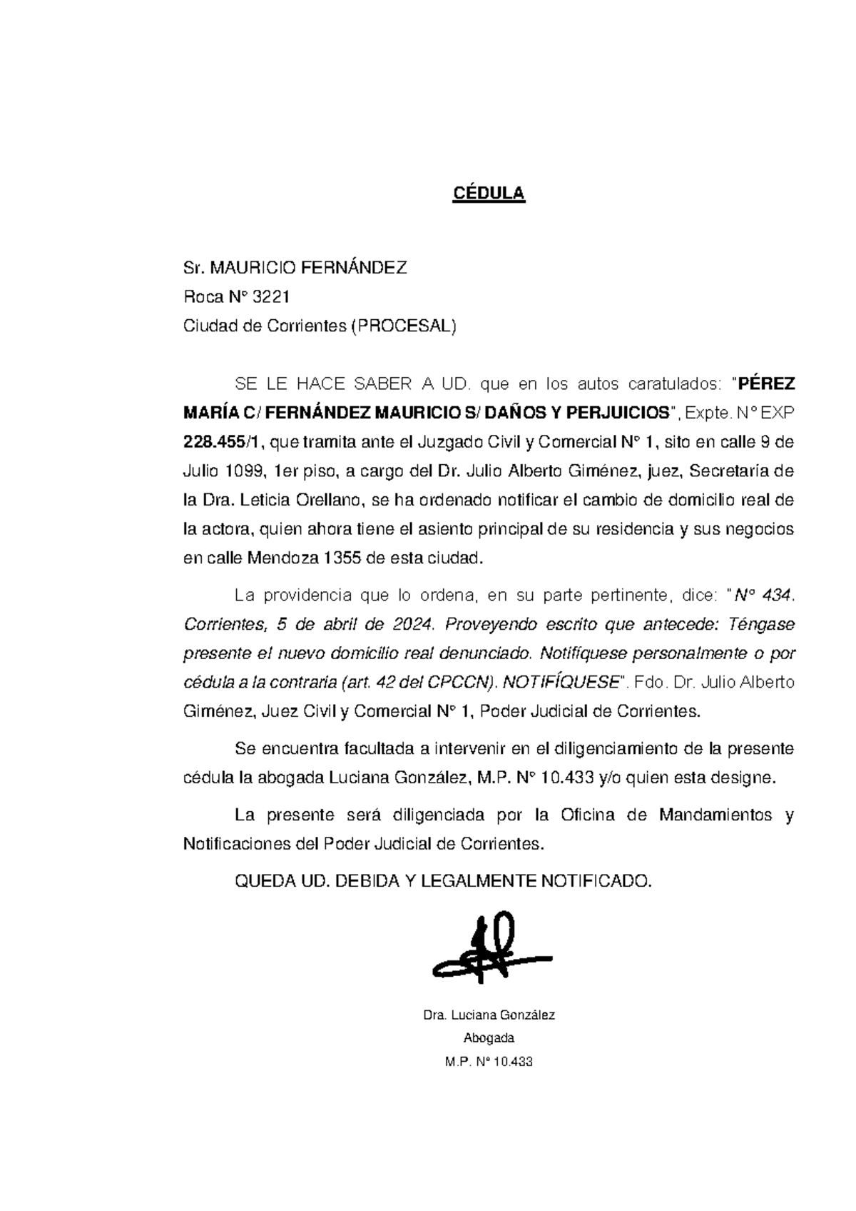 Cedula - MODELOS DE ESCRITOS - CÉDULA Sr. MAURICIO FERNÁNDEZ Roca N ...