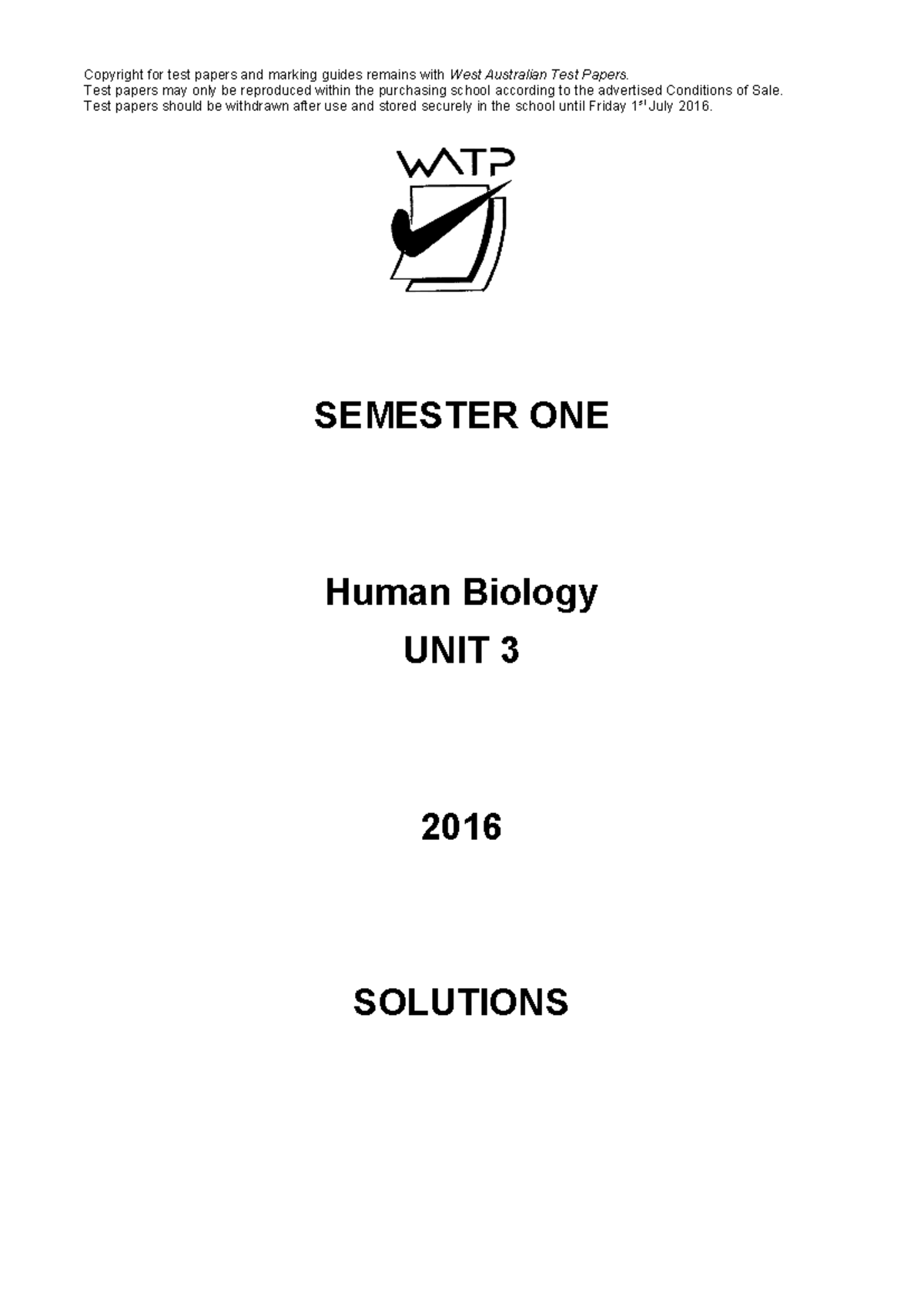 2016 Human Biology Unit 3 Exam Marking Guide - Copyright for test ...