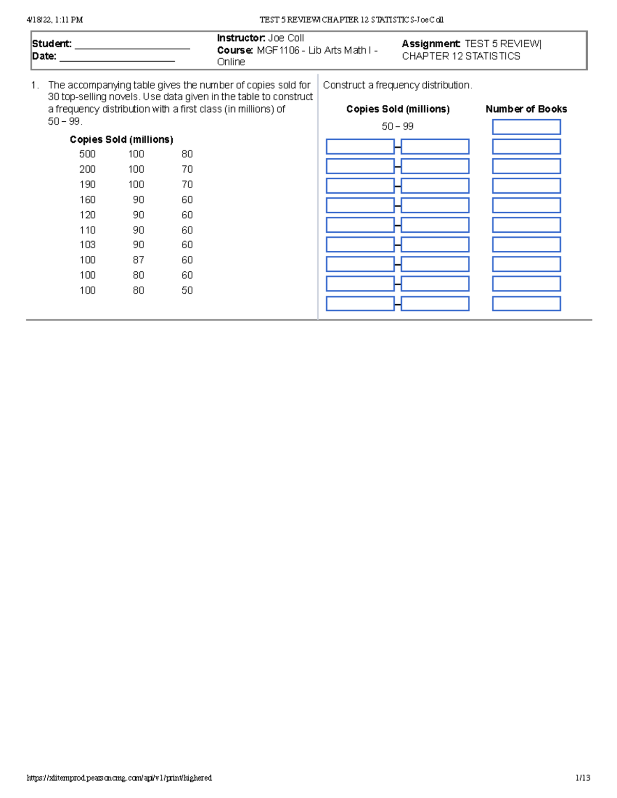 TEST 5 Review Chapter 12 Statistics - 1. Student ...