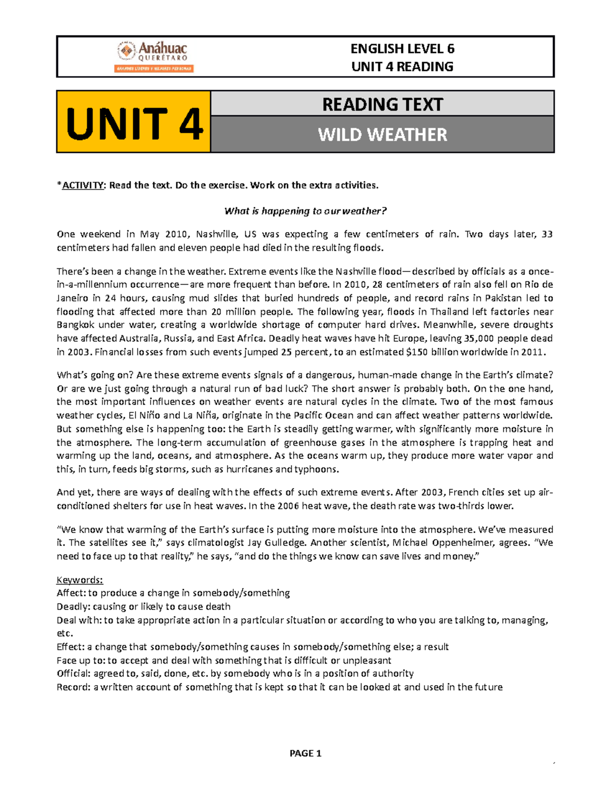 3. UNIT 4 - Reading ( Level 6) - UNIT 4 READING UNIT 4 READING TEXT ...