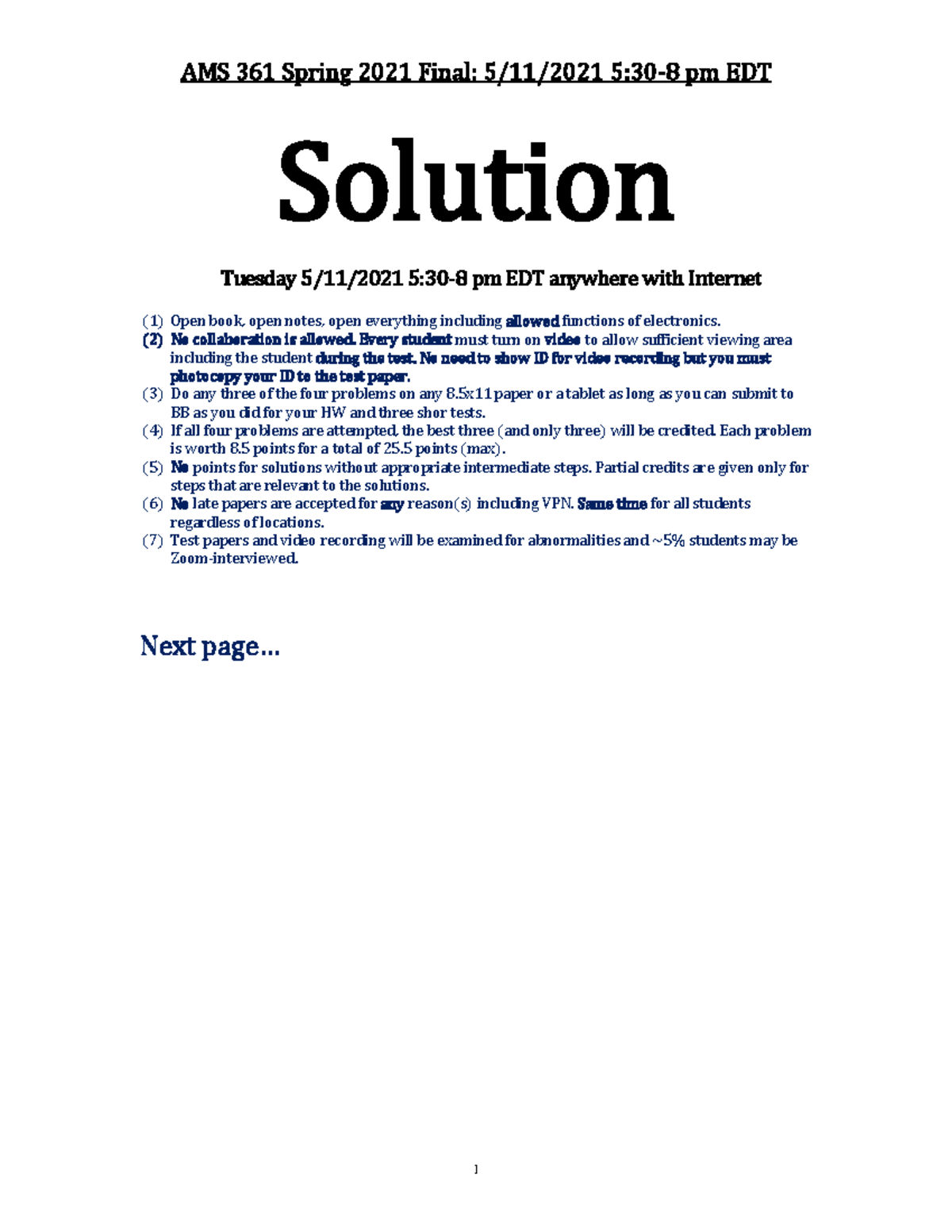 Ams361 Final s21 Solution - Solution Tuesday 5/11/2021 5:30-8 pm EDT anywhere with Internet ...