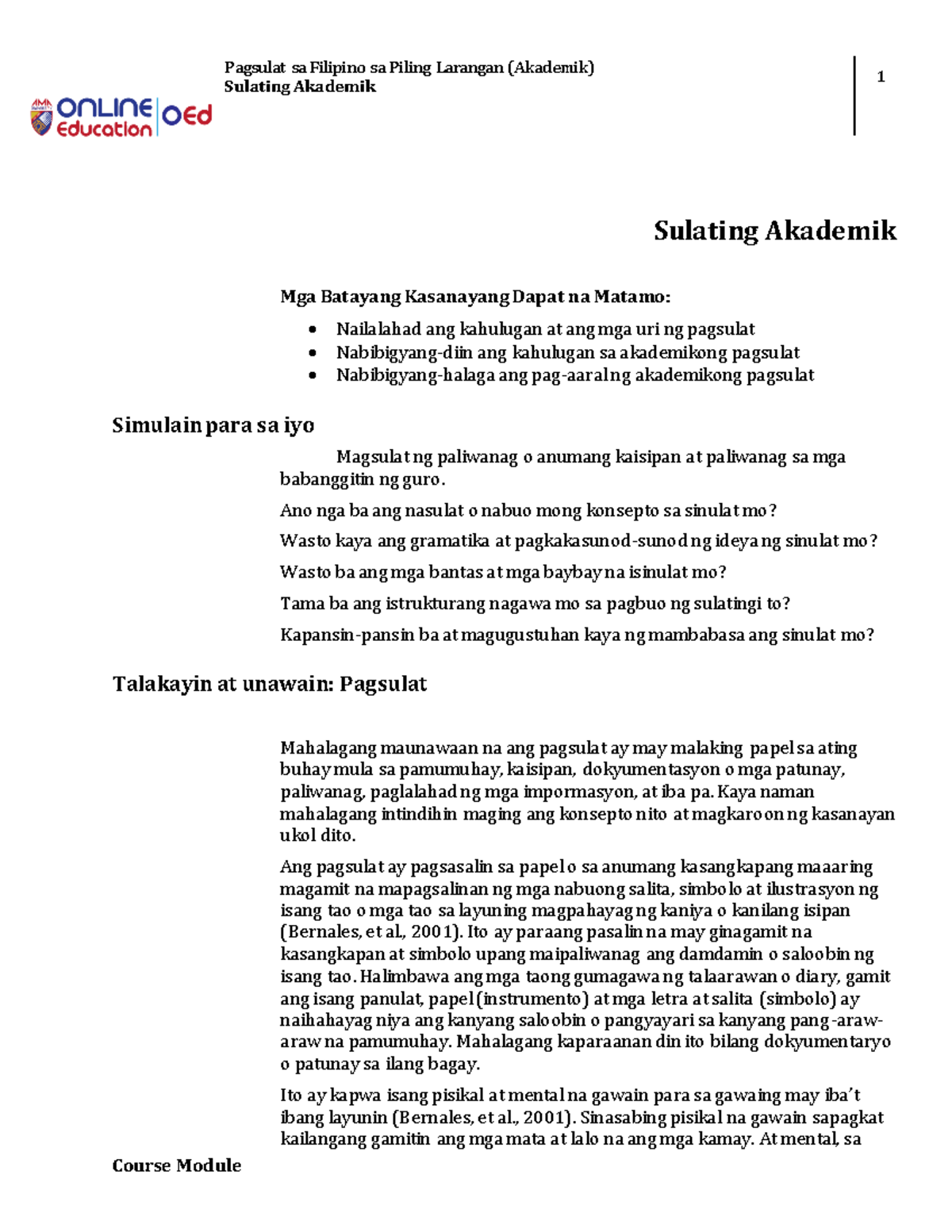 WEEK 001 Sulatin Akademik - Pagsulat sa Filipino sa Piling Larangan ...