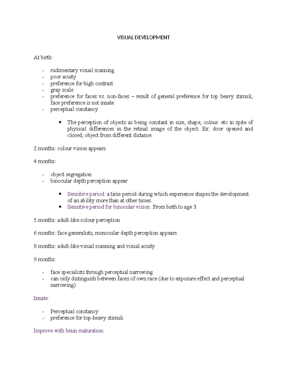 Chap 1 - Summary Child Development - VISUAL DEVELOPMENT At birth ...