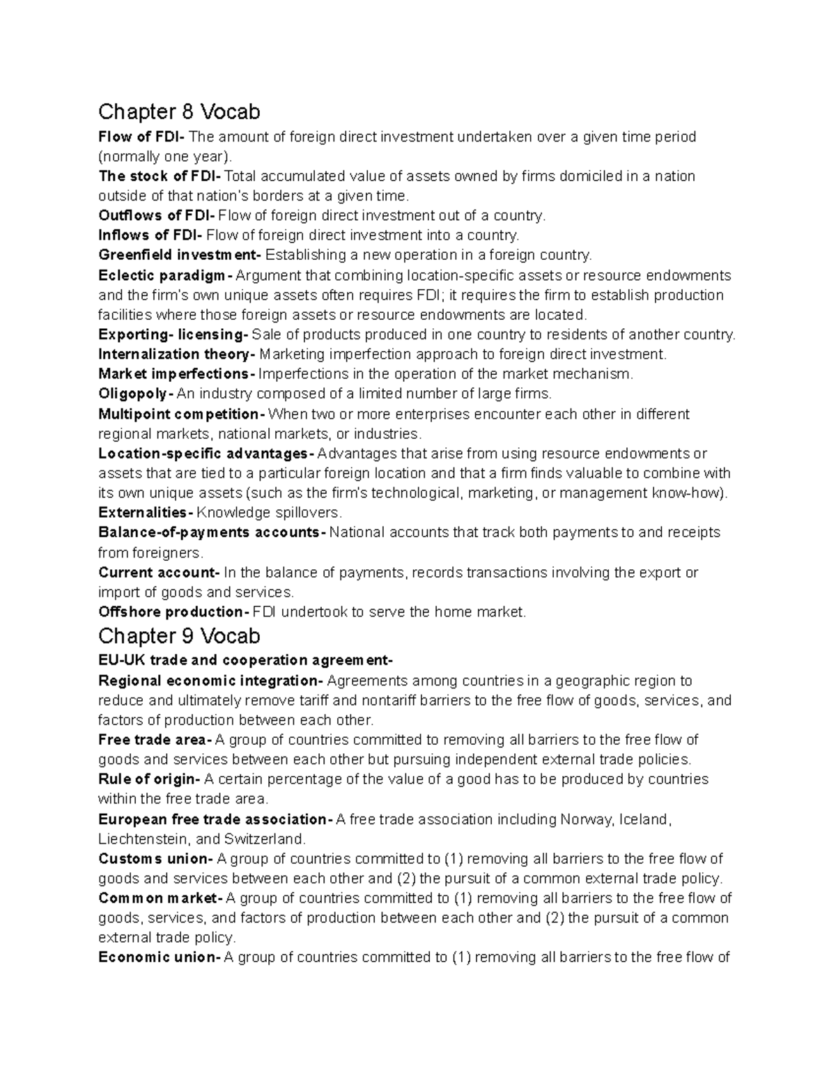 MAN 3600 Chapter 8 and 9 Vocab - Chapter 8 Vocab Flow of FDI- The ...