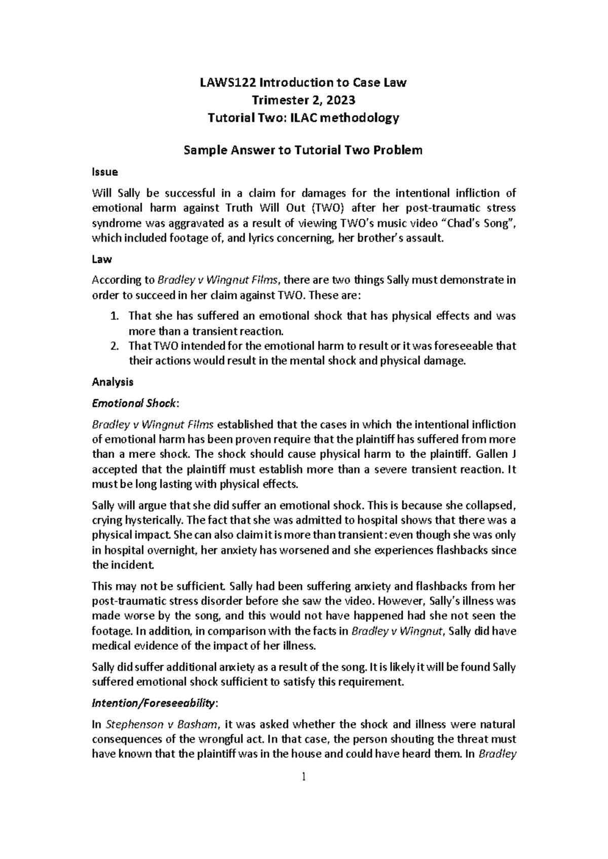 Tutorial Two Model Answer 2023 - 1 LAWS122 Introduction to Case Law ...