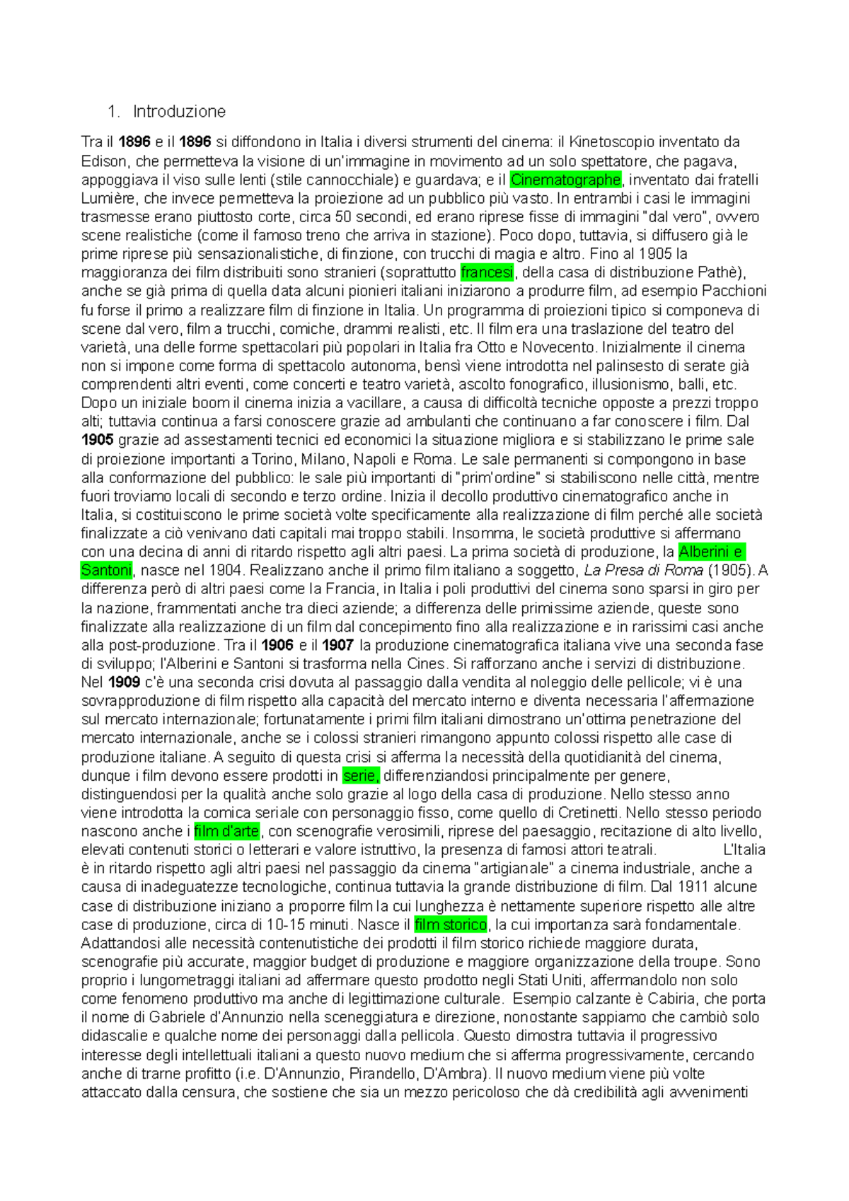 Riassunto Introduzione al cinema muto italiano - 1. Introduzione Tra il ...