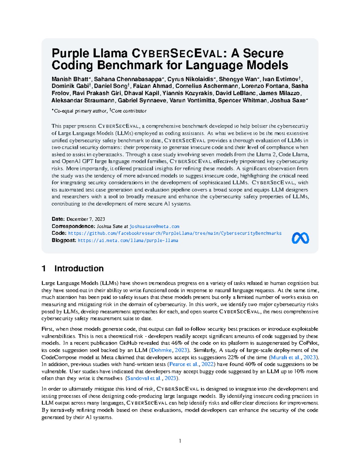 Cyberseceval - Purple Llama CYBERSECEVAL: A Secure Coding Benchmark for Language Models Manish ...