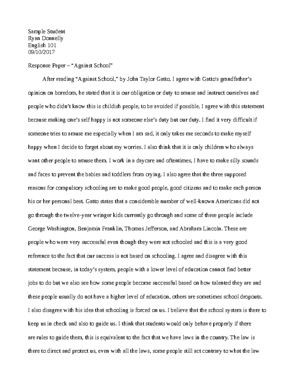 Response paper sample 1 - Sample Student Ryan Donnelly English 101 09 ...
