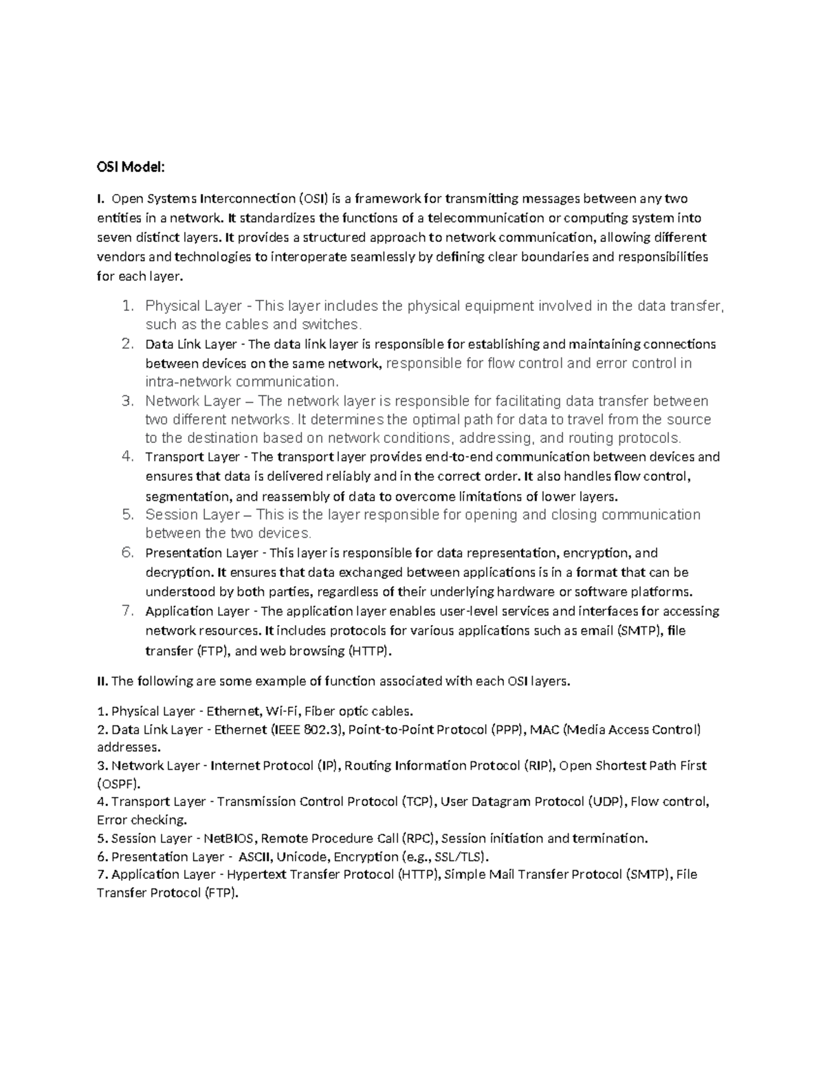 OSI Model - OSI Model: I. Open Systems Interconnection (OSI) is a ...