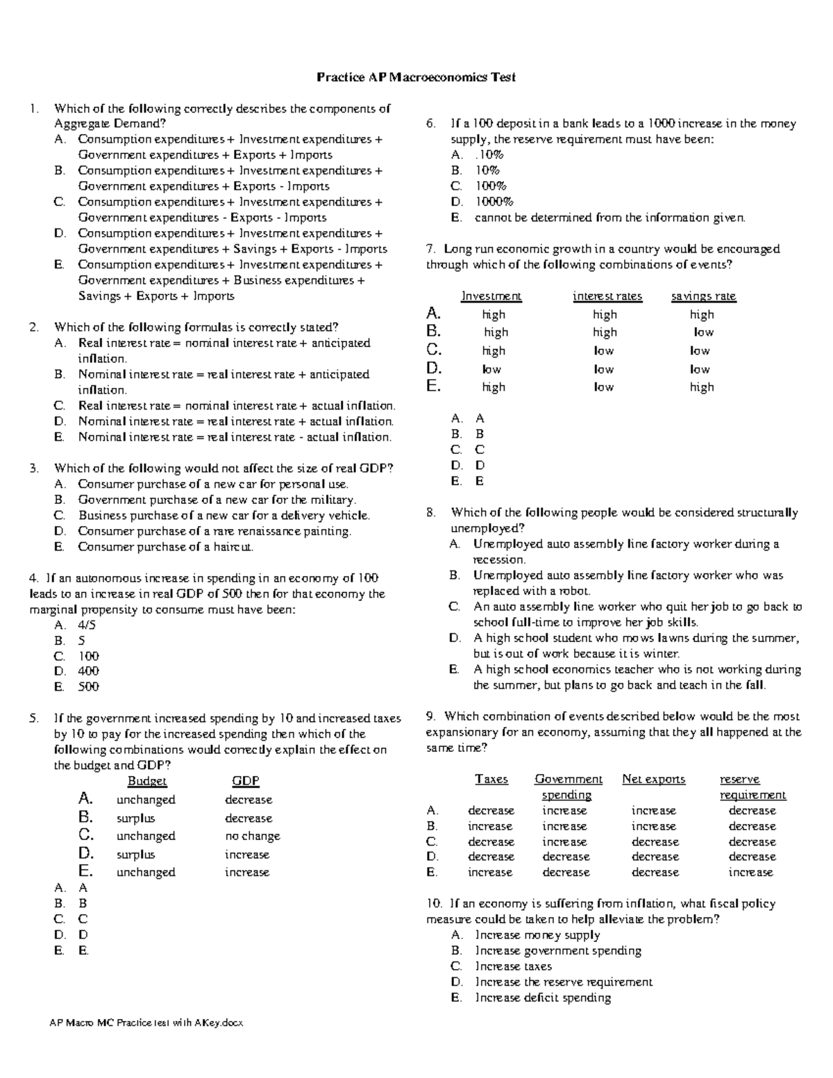 AP Macro MC Practice Test With AKey Practice AP Macroeconomics Test