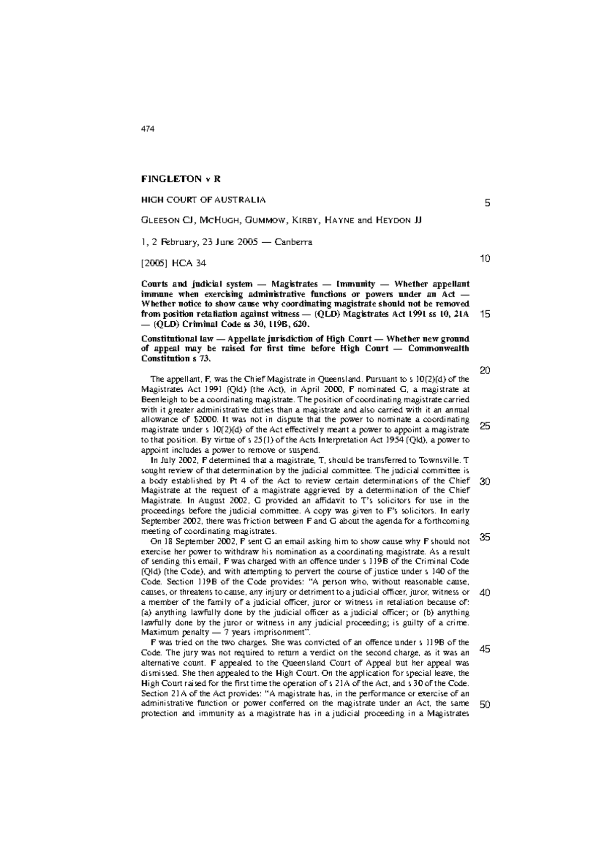 Fingleton v R - case mentioned in class - FINGLETON v R HIGH COURT OF ...