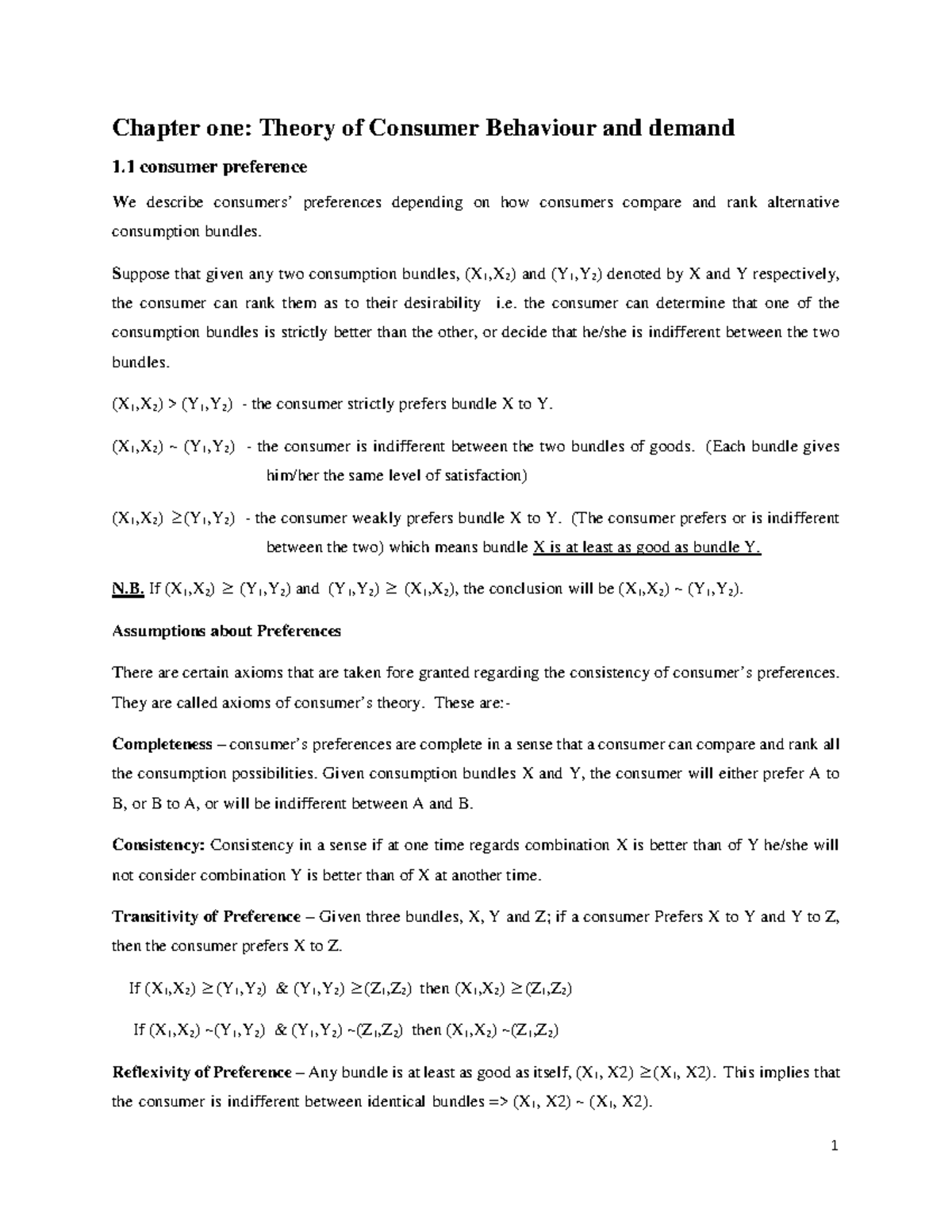 Chapter one - 1 consumer preference We describe consumers’ preferences ...