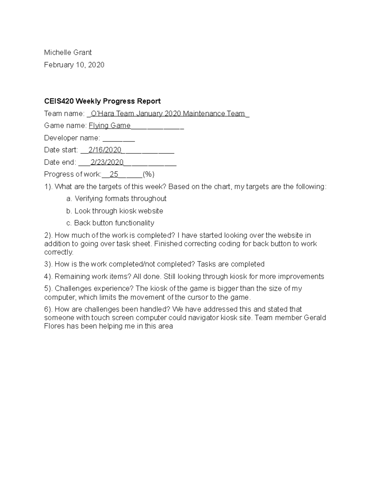 CEIS 420 Progress Report Week 5 Michelle Grant - Michelle Grant February 10, 2020 CEIS420 Weekly ...