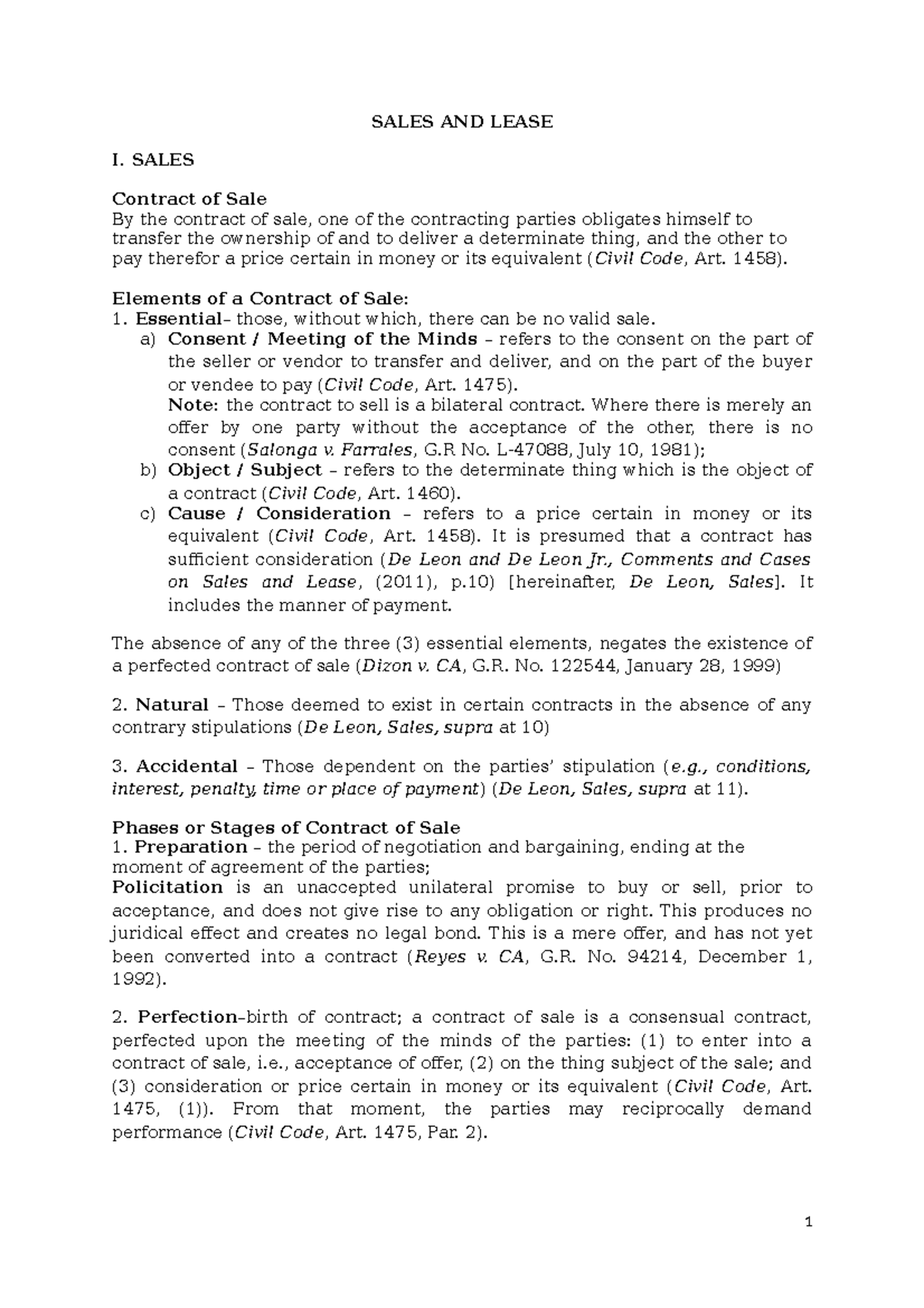 Docx - Lecture notes 1 - SALES AND LEASE I. SALES Contract of Sale By ...