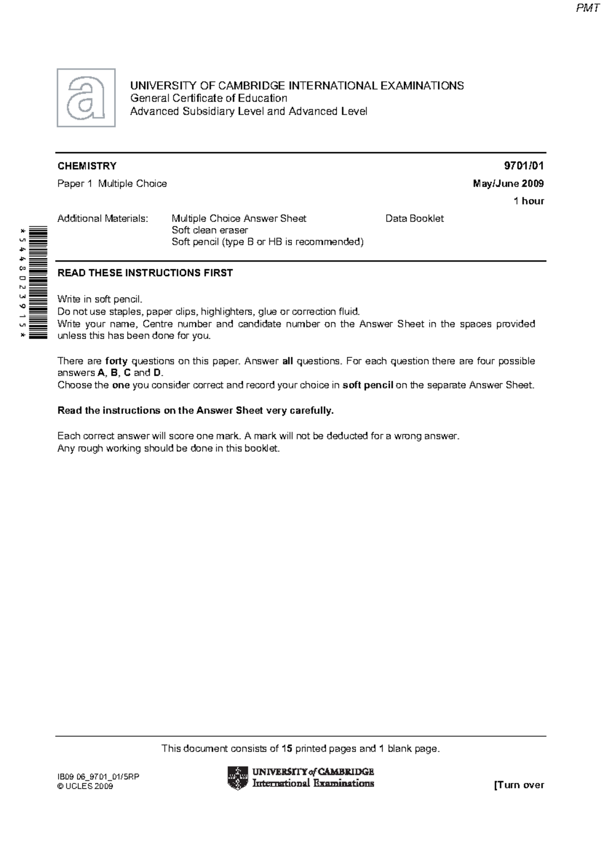 Cambridge A exam 2009 - This document consists of 15 printed pages and ...