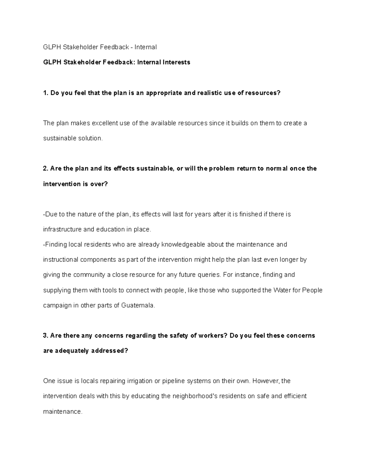 GLPH Stakeholder Feedback - Internal Interests - GLPH Stakeholder ...