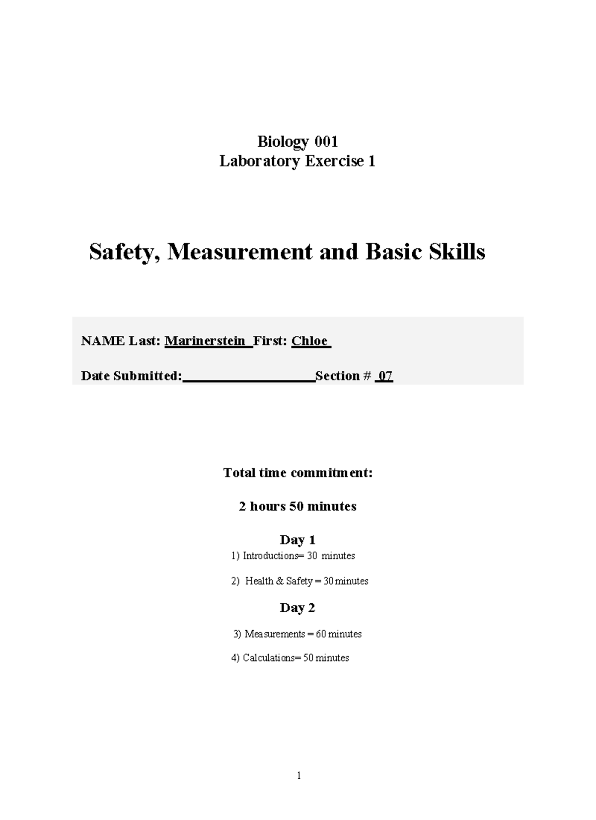 LAB 1 Safety, Measurements, and Basic Skills S22 - Biology 001 ...