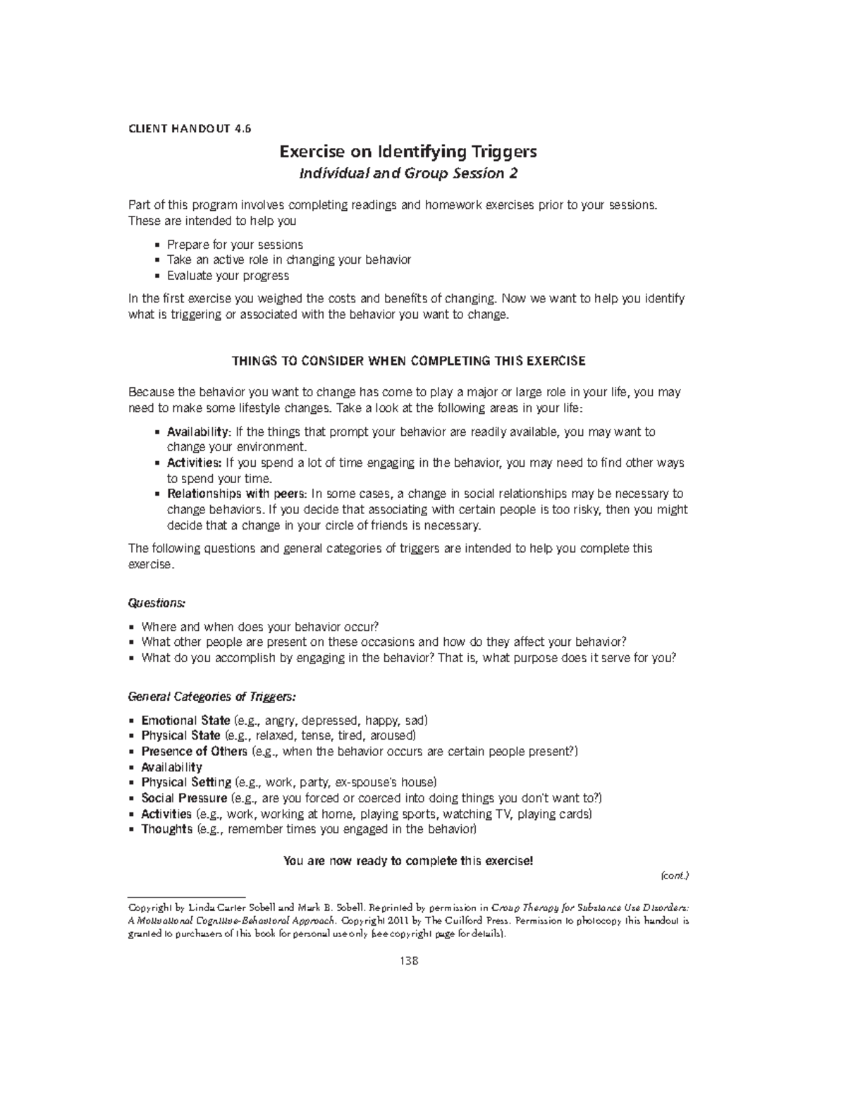 Client handout 4 6 exercise on identifying triggers - 138 Copyright by ...