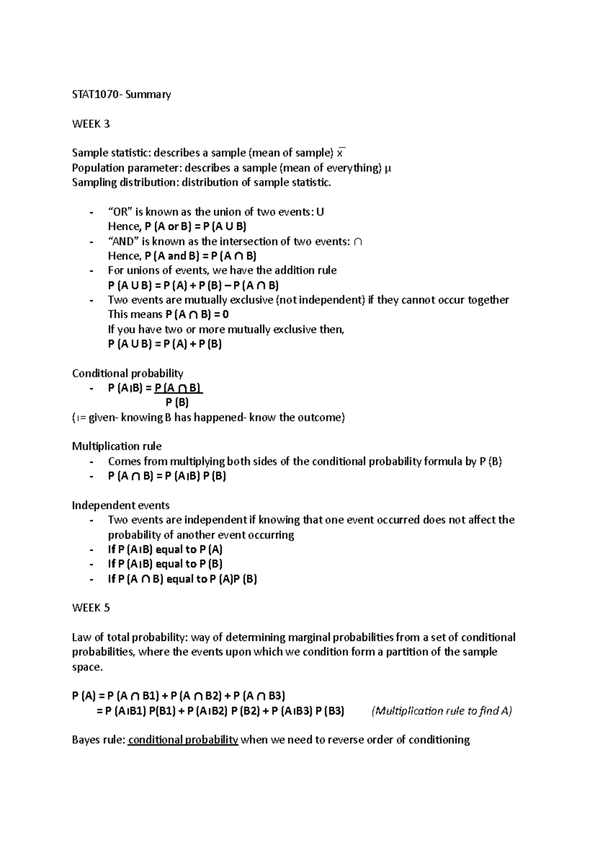 STAT1070 summary notes - STAT1070- Summary WEEK 3 Sample statistic ...
