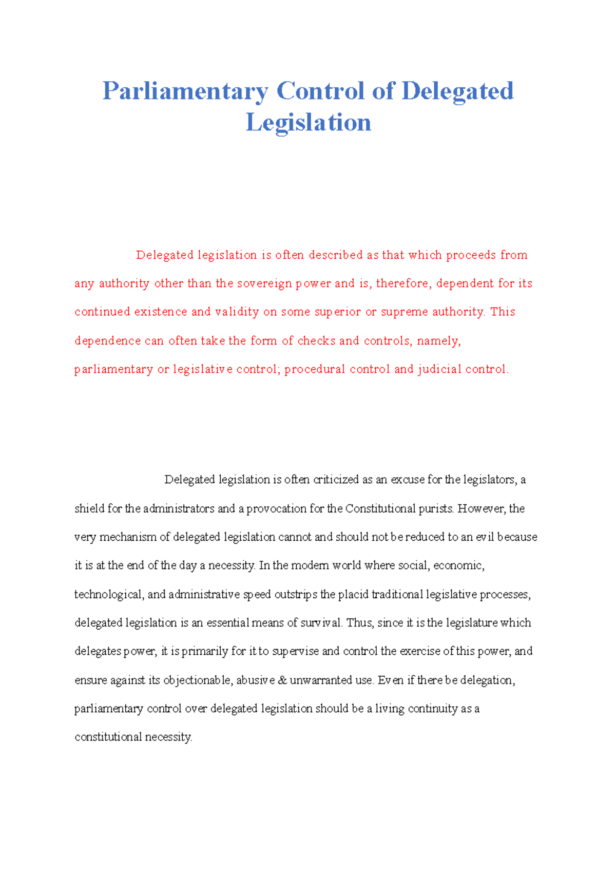 Parliamentary Control of Delegated Legislation - Parliamentary Control ...
